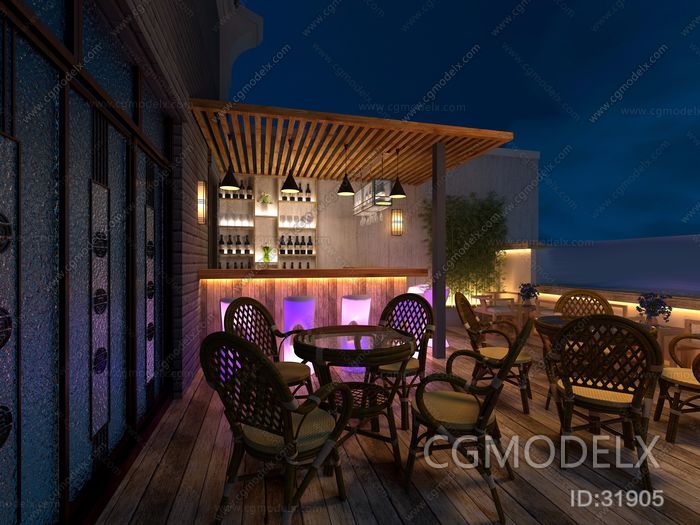 Outdoor Night View Of Terrace American Bar 3D model - Outdoor Building ...